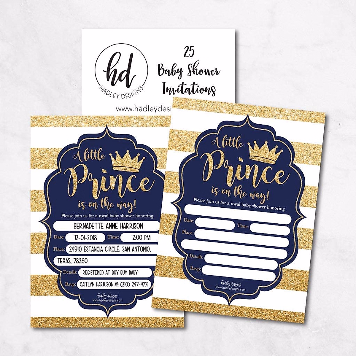 Hadley Designs - 25 Little Prince Baby Shower Invitations, 25 Baby Shower Diaper Raffle Tickets For Baby Shower Boy, Navy & Gold Fill or Write in Card, Diaper Raffle Cards