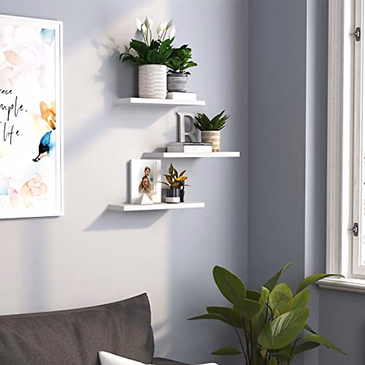 ISYOKE White Floating Shelves Set of 3 Wall Mounted Wood Shelves Modern Dispay Floating White Shelf for Bathroom,Bedroom, Living Room, White Shelves with Invisible Brackets