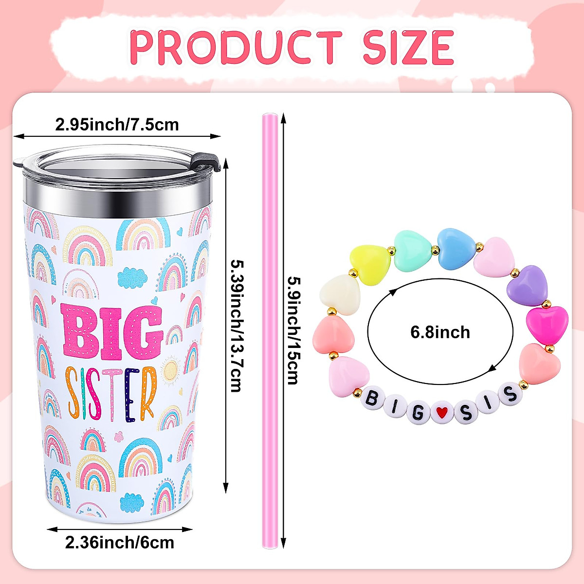 Maxcheck 2 Pcs Sister Gift 12 oz Pink Sister Cup Stainless Steel Mug Vacuum Insulated Tumbler with Leak Proof Lid and Straw Sister Bracelet Sister Announcement Jewelry for Little Girl (Big Sister)