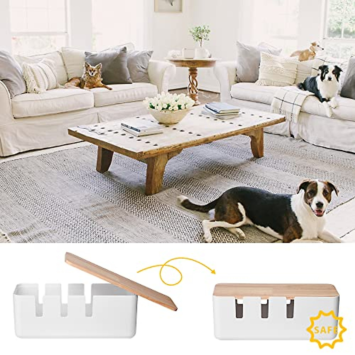 Cable Management Box by Baskiss, 12x5x4.5 inches, Wood Lid, Cord Organizer for Desk TV Computer USB Hub System to Cover and Hide & Power Strips & Cords