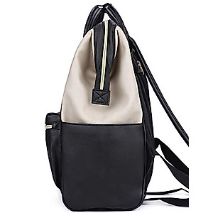 Kah&Kee Leather Backpack Diaper Bag with Laptop Compartment Travel School for Women Man (Beige/Black, Large)
