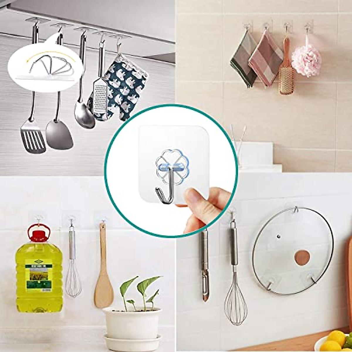 Gartmost These Sticky Wall Hooks are Transparent and Thick, Could Hang 44lbs/20kg Max. They are Waterproof, Oilproof and Seamless, Suitable for Kitchens, Restrooms, Bathrooms and More