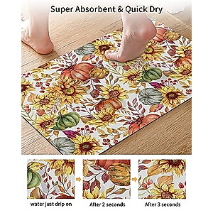 Bathroom Floor Shower Mat, Non-Slip Small Rugs - Easy to Clean, Thanksgiving Pumpkin Sunflower Fall Durable Bath Rug 24"x36" Washable Quick Dry Diatomaceous Earth Mats for Bathtubs