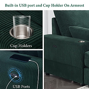 KIVENJAJA 82.7” Corduroy Sectional Couch, Double Chaise Lounge Sofa, Deep Seat Oversized Loveseat with Ottomans, Cup Holder & USB Port for Living Room Apartment Small Space, Green