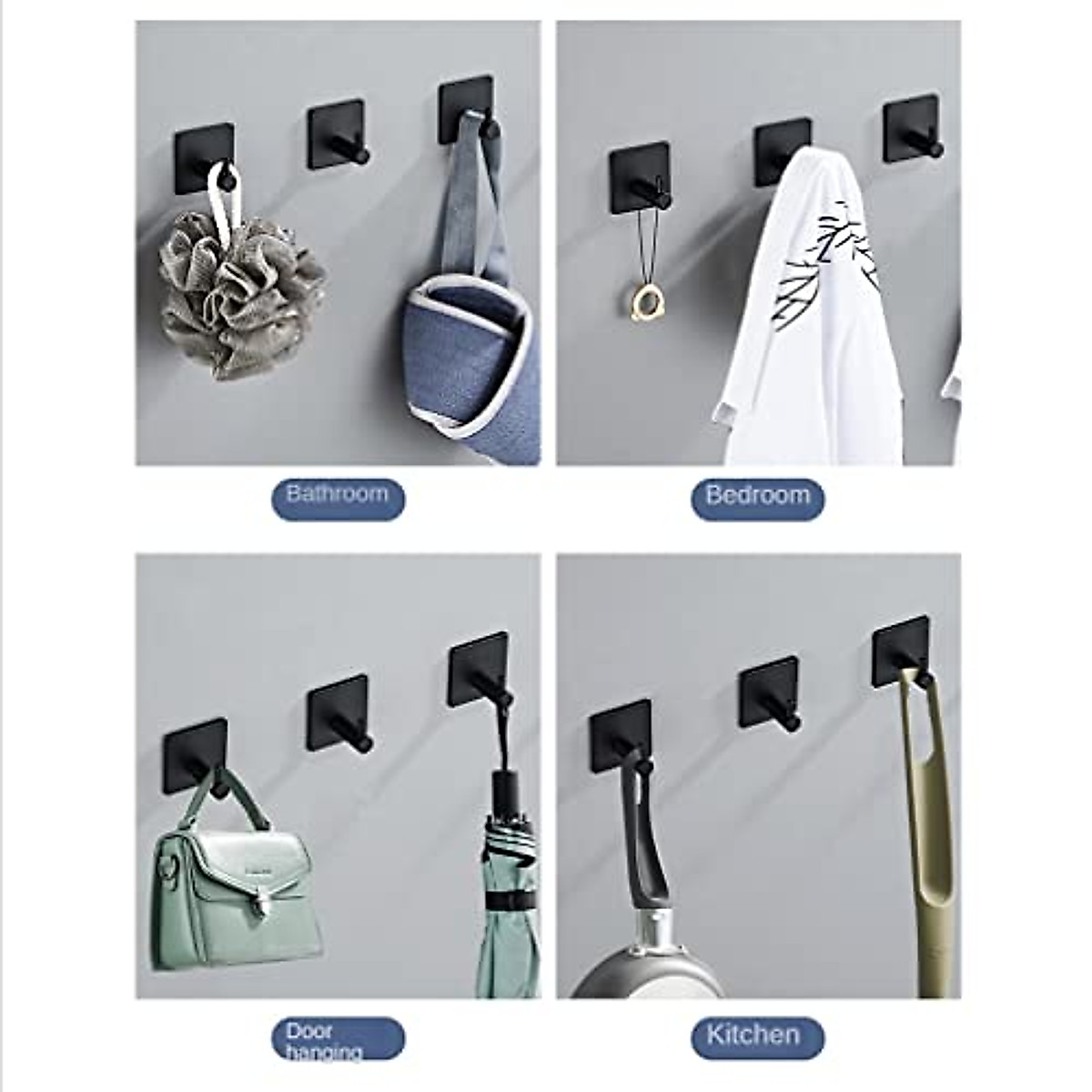 Self Adhesive Hooks 6Pack, 304 Stainless Steel Adhesive Coat Hooks, Sticky Towel Hooks, 4Pack Anti-Rust Waterproof Hooks for Kitchen Bathroom Office Toilet, No Drill Glue Needed (4PCS Black)