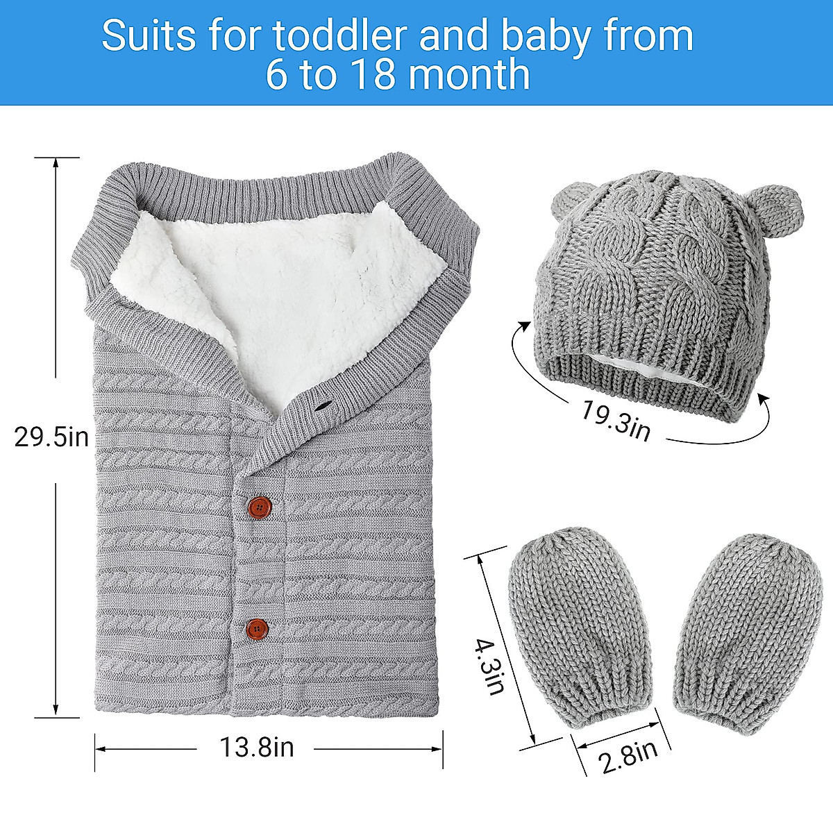 Vicenpal Newborn Baby Wrap Swaddle Blanket Knit Sleeping Bag Receiving Blanket Stroller Wrap for Baby Knitted Hat Gloves Set Beanie Hat and Mittens Unisex Design,Gray