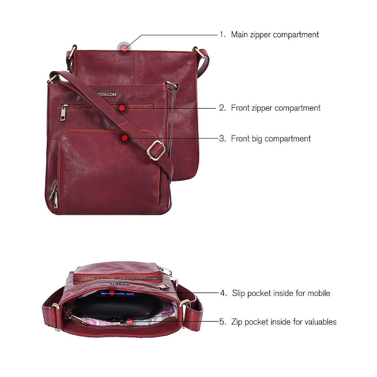 ESTALON Women's Real Leather Crossbody Purse With Adjustable Sling Strap - Medium Size Crossover Shoulder Hand Bag