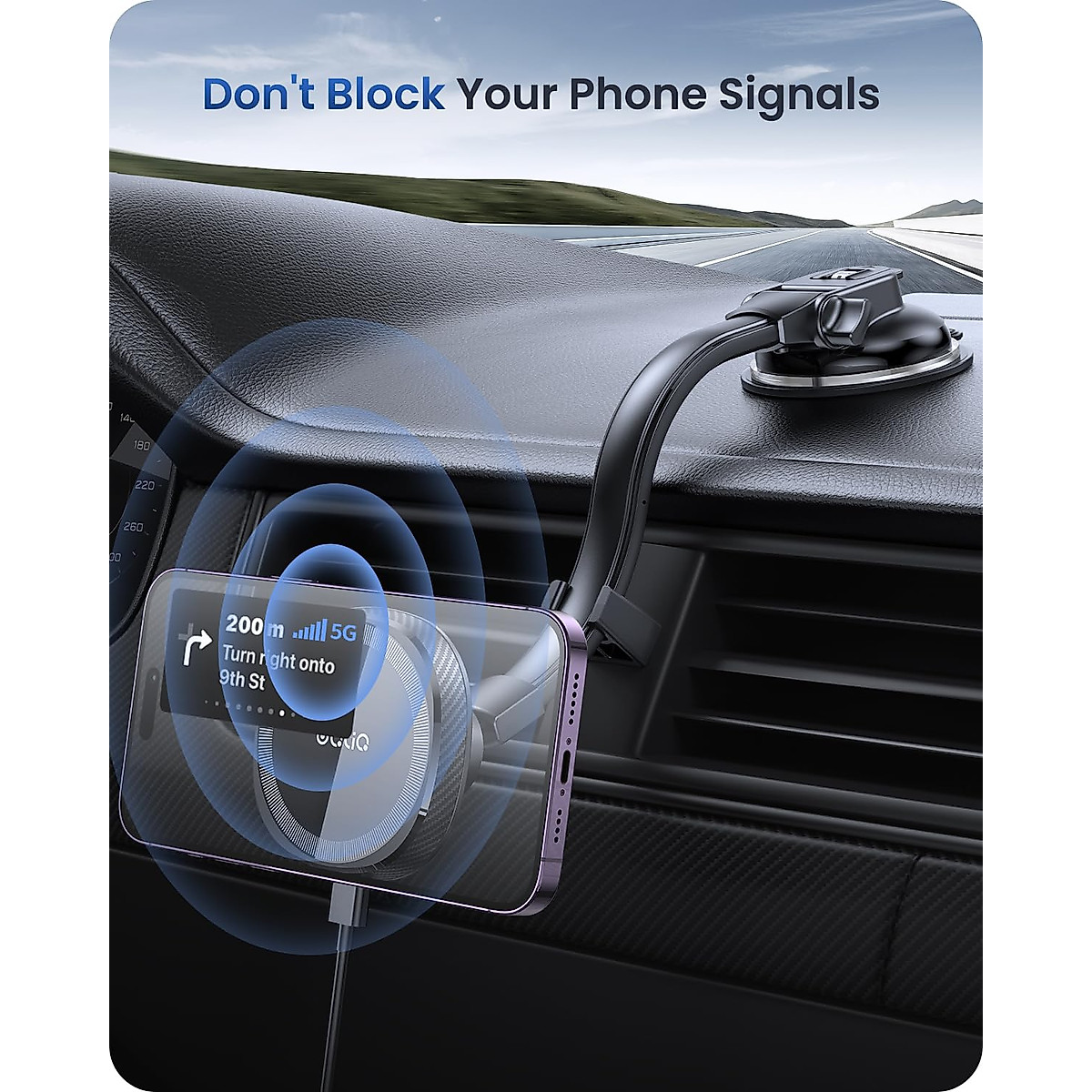 OQTIQ Magnetic Wireless Car Charger Compatible with Magsafe Case/iPhone 14/13/12 Series, Fast Charging with Cooling Fan Car Phone Mount for Windshield Dashboard Air Vent [with QC 3.0 Adaptor]