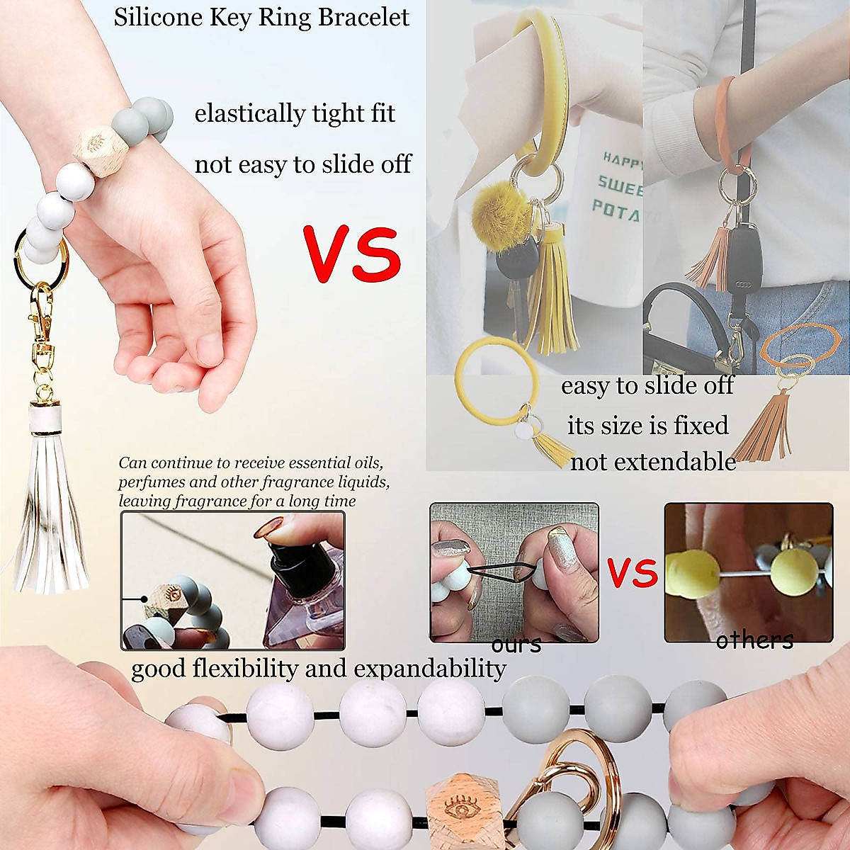 BIHRTC Portable House Car Keys Ring Holder Silicone Bead Bracelet Wristlet Keychain PU Leather Tassel Key Chain Keyring Wrist Band Bangle Car House Keys Ring Holder for Women Girls