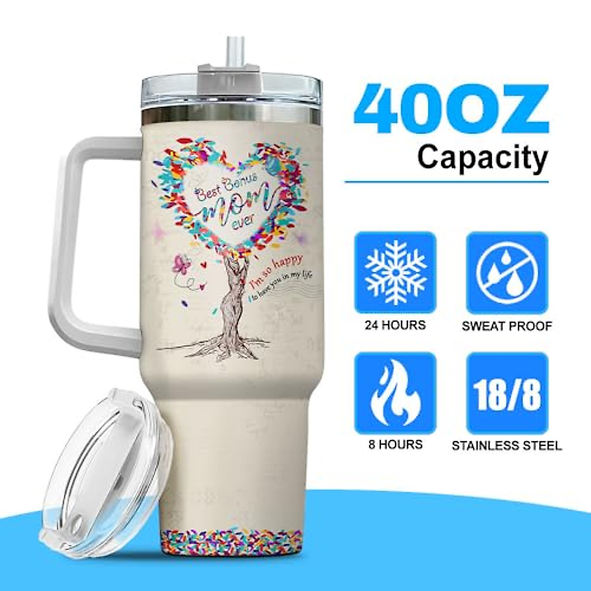 99OWL Bonus Mom Colorful Tree, Tumbler 40 Oz With Handle Lid And Straw, Mom Gifts, Flower Simple Straws Butterfly Modern Tumblers Mothers Heart Handle For Cup Women Cups