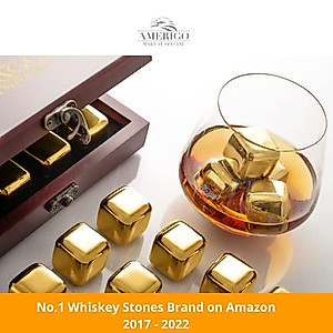 𝗕𝗘𝗦𝗧 𝗚𝗜𝗙𝗧: Amerigo Gold Stainless Steel Whiskey Stones Gift Set in Beautiful Wooden Box - Reusable Ice Cubes for Drinks - Bar Accessories - Whisky Gifts for Men - Chilling Rocks + Ice Tongs
