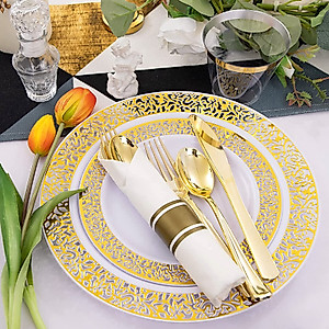 350 Piece Dinnerware Set for Wedding & Party,50 Guest Lace Design Plastic Plates,50 Plastic Silverware,50 Cups,50 Linen Like Napkins,50 Guest Disposable Dinnerware Set (Gold)