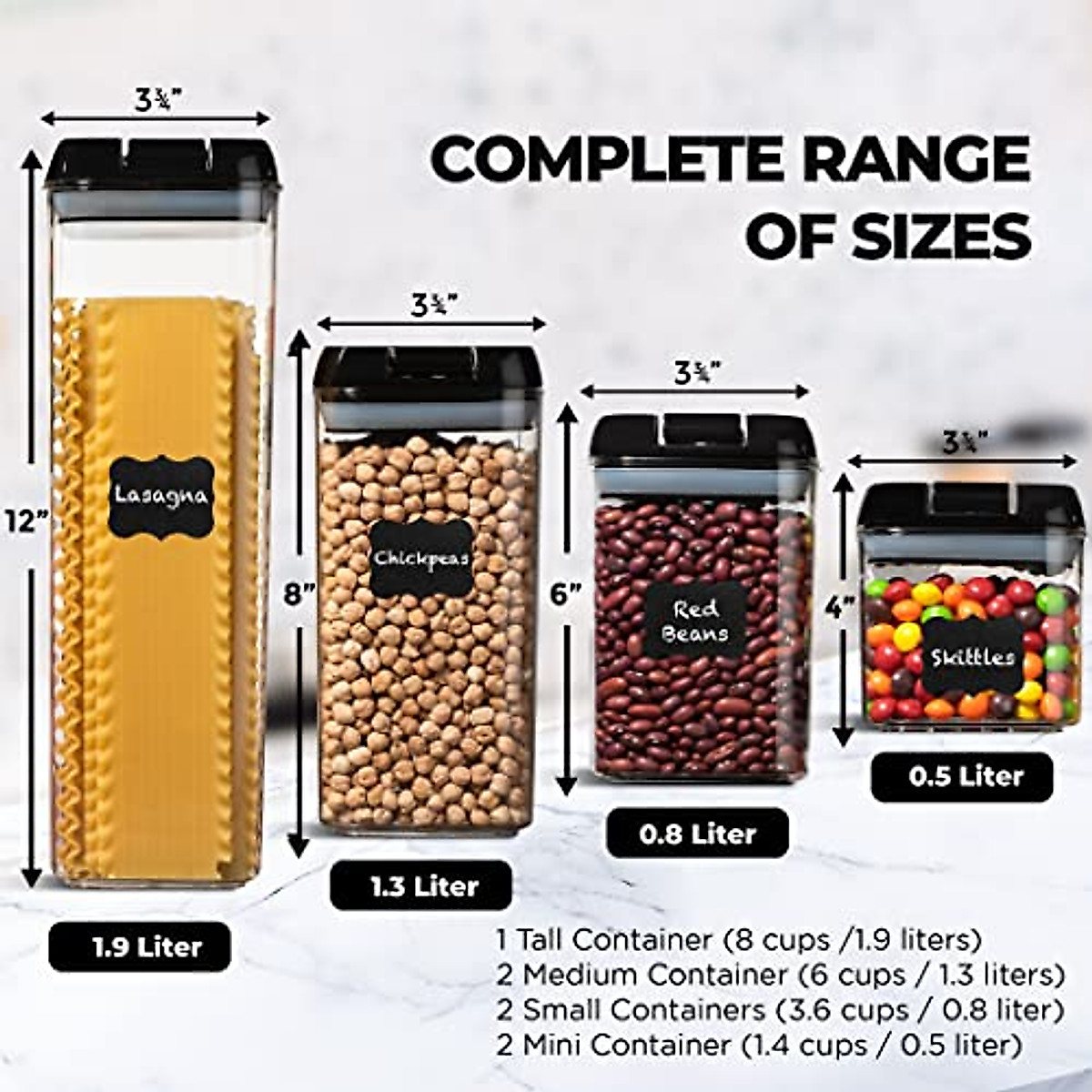 Shazo Airtight Container Set for Food Storage - 7 Piece Set + Heavy Duty Plastic - BPA Free - Airtight Storage Clear Plastic w/Black Interchangeable Lids kitchen counter storage Bin -18 Labels+Marker