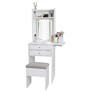 ARTETHYS Small Vanity Desk Set with 3 Adjustable Lighted Mirror and Storage Chair, Makeup Vanity Table for Small Space, White Dressing Table with Fold-up Panel for Bedroom
