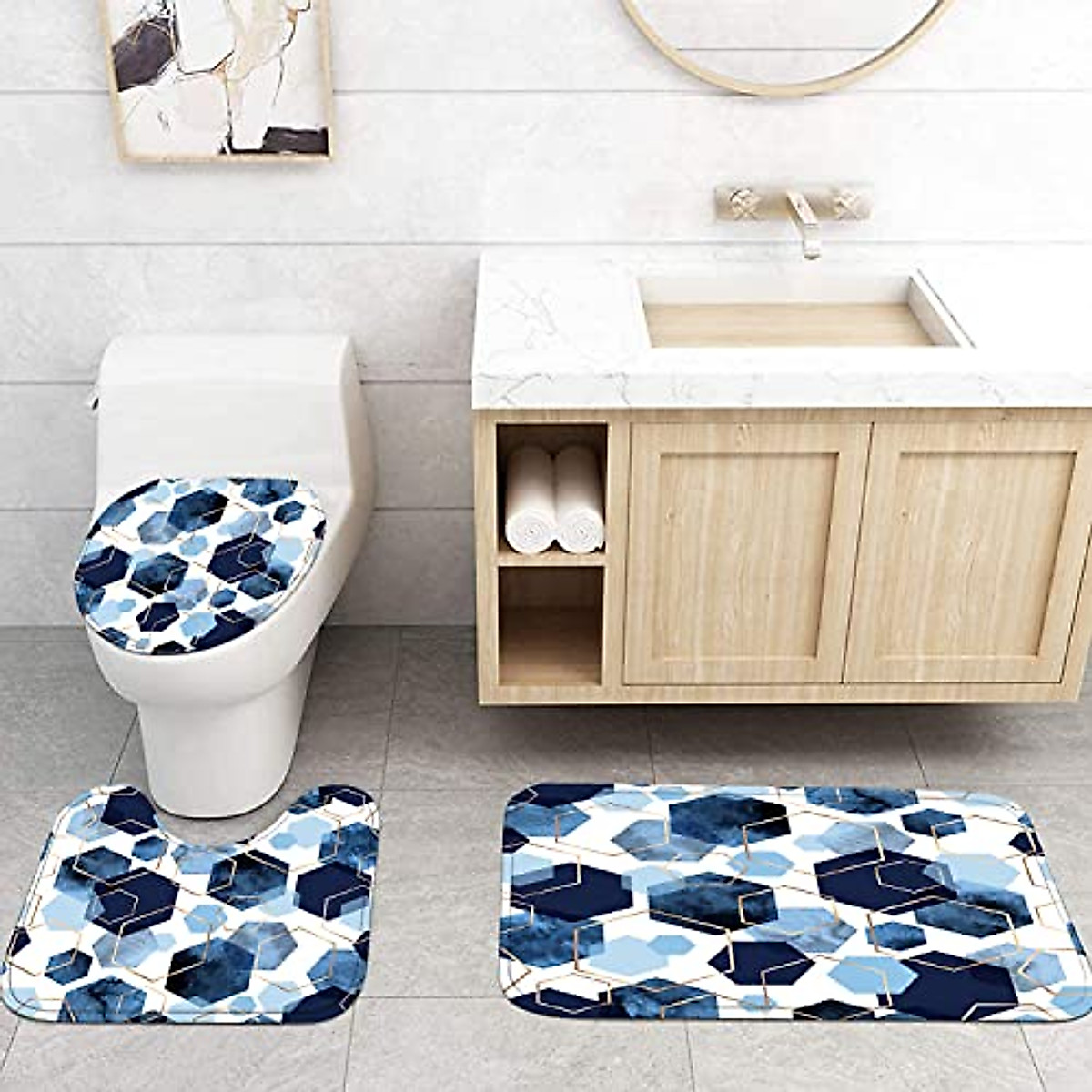 LQCOOL 4Pcs Blue Shower Curtain Set Modern Art Geometric Bathroom Set Navy Blue Abstract Bathroom Curtain Set with 12 Hooks, Bathroom Carpet Bath Mat and Toilet Rugs