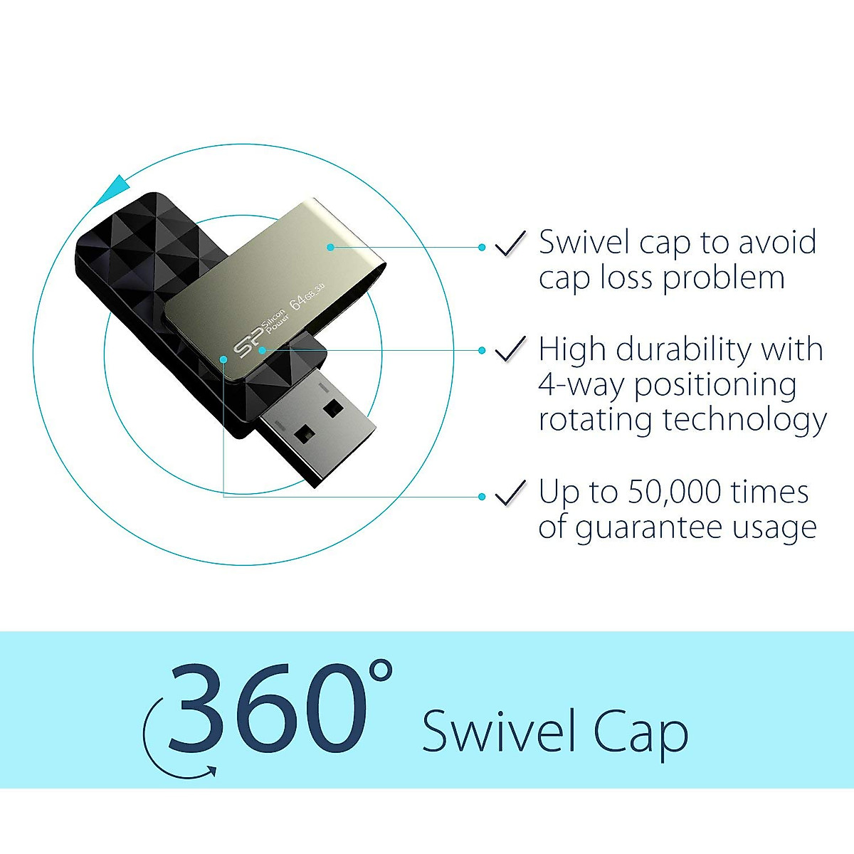 Silicon Power 64GB Blaze B30 USB 3.0 Swivel Flash Drive, Black (SP064GBUF3B30V1K)