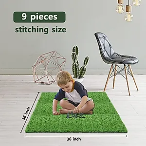 Loytryal Artificial Grass Turf Tiles Interlocking Fake Grass Mat Tiles 9PCS 12''x12'' Floor Decoration Grass Pad Tiles with Waterproof Bottom Plate for Outdoor & Indoor