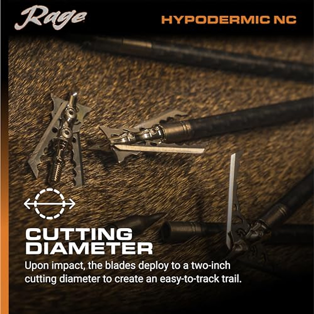 Rage Hypodermic NC 2-Blade 100gr Hunting Broadhead (R38100), Hybrid Tip, No Collar Blade Lock.035” Thick Swept-Back Angled Blades with a 2” Cutting Diameter, Machined Stainless Steel Ferrule, 3-Pack