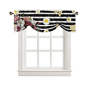 Tie Up Curtain Valance Window Topper 1 Panel 42x12in,Blooming Flowers Gold Butterfly Gardon Adjustable Rod Pocket Short Curtains Window Shade Valances for Kitchen Bedroom Windows,Black White Stripe