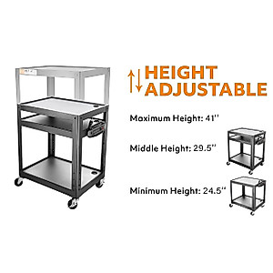 3 Shelf Metal Utility cart - Steel Construction Mobile Presentation Cart Projection Cart with Power Strip - Durable Utility Cart AV Carts on Wheels - Supports Up to 300 LBs (24'' x 18'' x 41'')