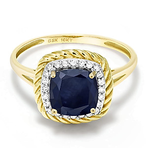 Gem Stone King 10K Yellow Gold Gemstone Birthstone and White Diamond Engagement Ring | Cushion 7MM | Wedding Engagement Anniversary Promise Gold Ring For Women