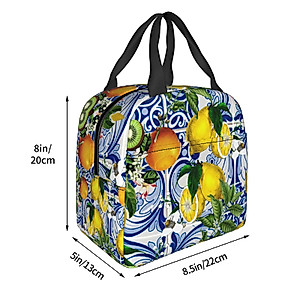 Larklitz Mediterranean Lemon On Blue Ceramic Tiles Reusable Insulated Lunch Bag for Women and Men, 8.5"x8"x5"/22x20x13 cm, Polyester