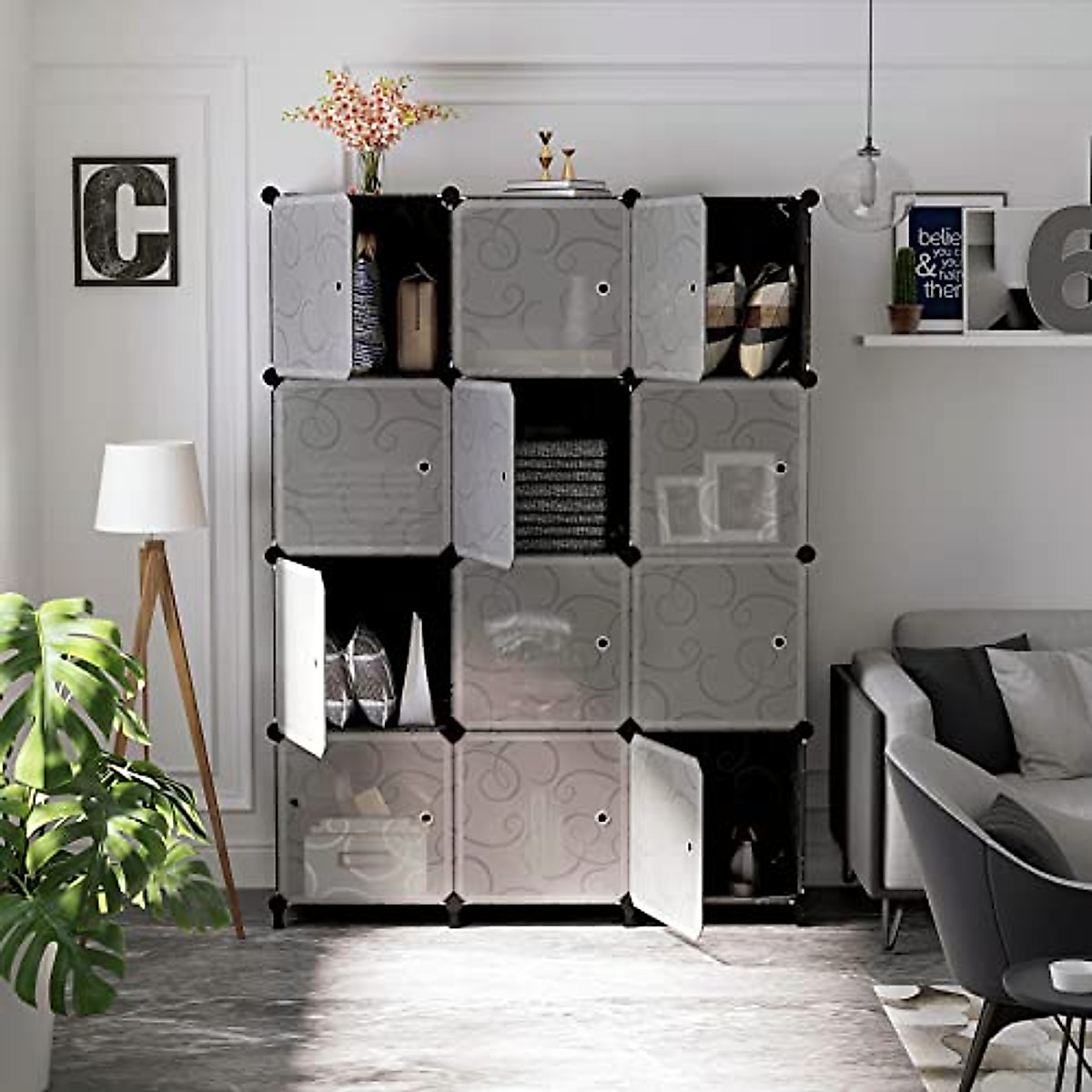 AWTATOS 12 Cube Storage Organizer with Doors, DIY Plastic Closet Storage Shelf, Modular Storage Bookshelf, Stackable Storage Shelving Rack for Bedroom, Home, Living Room, Black ULPZ012