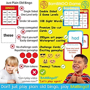THE BAMBINO TREE Sight Word Bingo Game Level 1 and 2 - Learn to Read Vocabulary for Kindergarten 1st Grade - Dolch's Fry's Words Lists