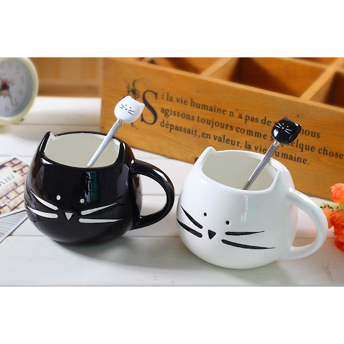 Honbay 2PCS Cute Cat Spoon Stainless Steel Tea Spoon Coffee Spoon Sugar Spoon for Cat Mug, Black and White