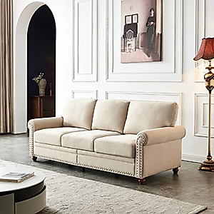 DNChuan 3 Seater Sofa Couch,Fabric with Nails Style and Wood Legs/Easy Assembly,Beige