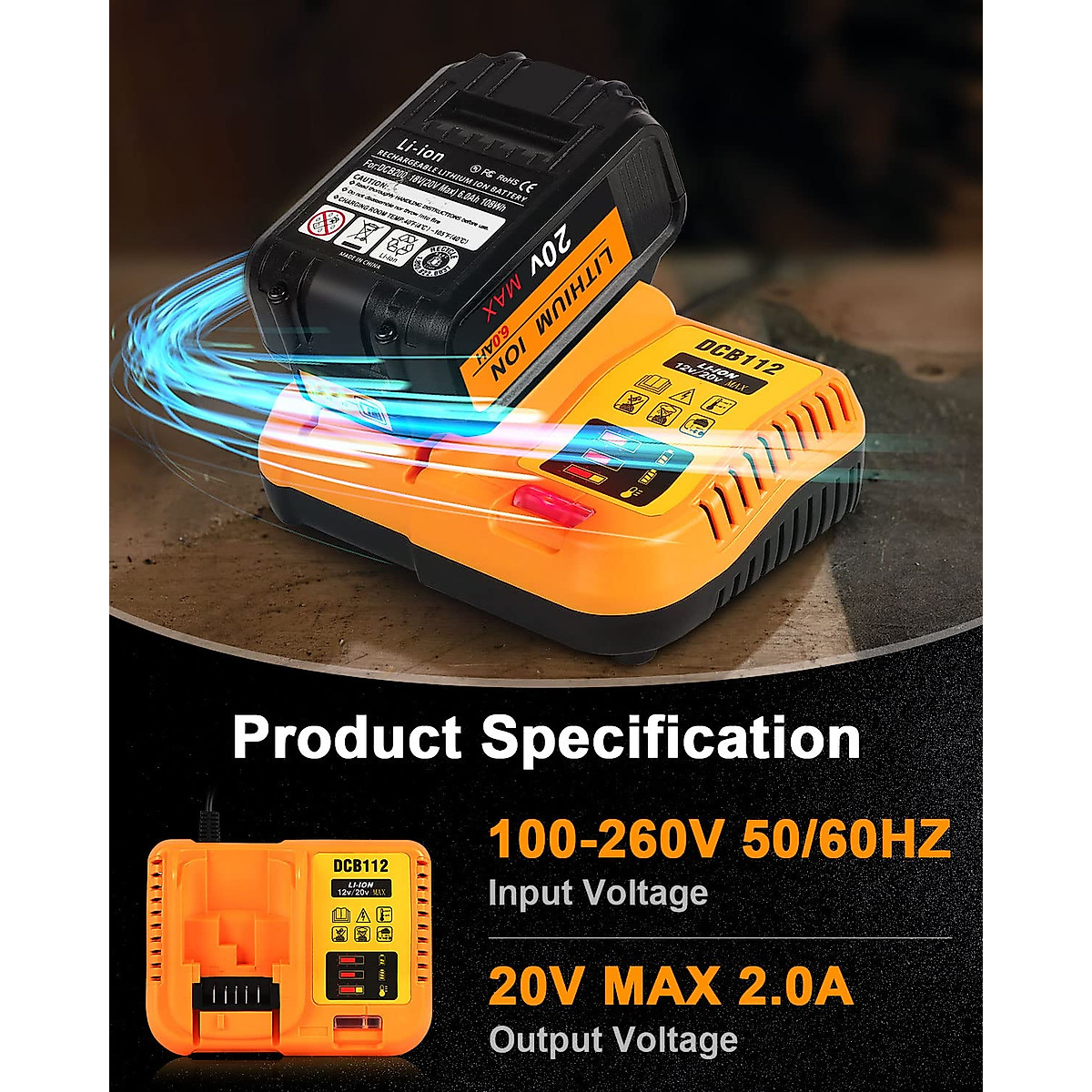 Aoasur DCB112 Battery Charger Replacement for Dewalt Compatible with 12V 20V Max Lithium BatteryDCB120 DCB127 DCB115 DCB118 DCB107 DCB105 DCB102(2 Batteries Included), Red,Yellow