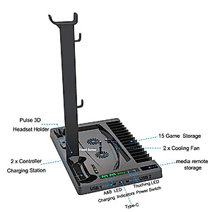 Vertical Stand for Playstation 5 with 2 Cooling Fan, 2 Charging Station for PS5 Digital/CD-ROM Edition Console with 15 Game Storage, 1 Pulse 3D Headset Holder, 1 Media Remote Storage (Black)