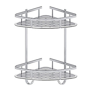 Guaber Shower Caddy Corner Shelf, 2 Tiers Aluminum Alloy Wall Mounted Bathroom Shower Organizer, Self Adhesive Shower Shelf Basket Shampoo Storage Rack with Hooks for Bathroom Toilet Dorm Kitchen