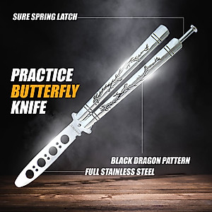 VORNNEX Practice Butterfly knife Trainer with Sure Spring Latch, Full Stainless Steel Black Dull Balisong, Unsharpened Butterfly knives Comb for CSGO Training(Silver)