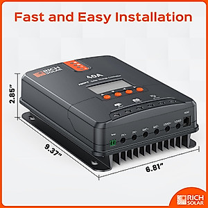 RICH SOLAR 40 Amp 12V/24V DC Input MPPT Solar Charge Controller with LCD Display Solar Panel Regulator for Gel Sealed Flooded and Lithium Battery Negative Ground