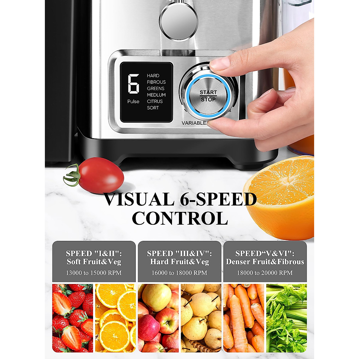 1100W 6-SPEED Digital Screen Centrifugal Juicer Machines Vegetable and Fruit, Healnitor Juice Extractor with 3.5" Big Wide Chute, Easy Clean, Anti-Drip Function, BPA-Free, Silver