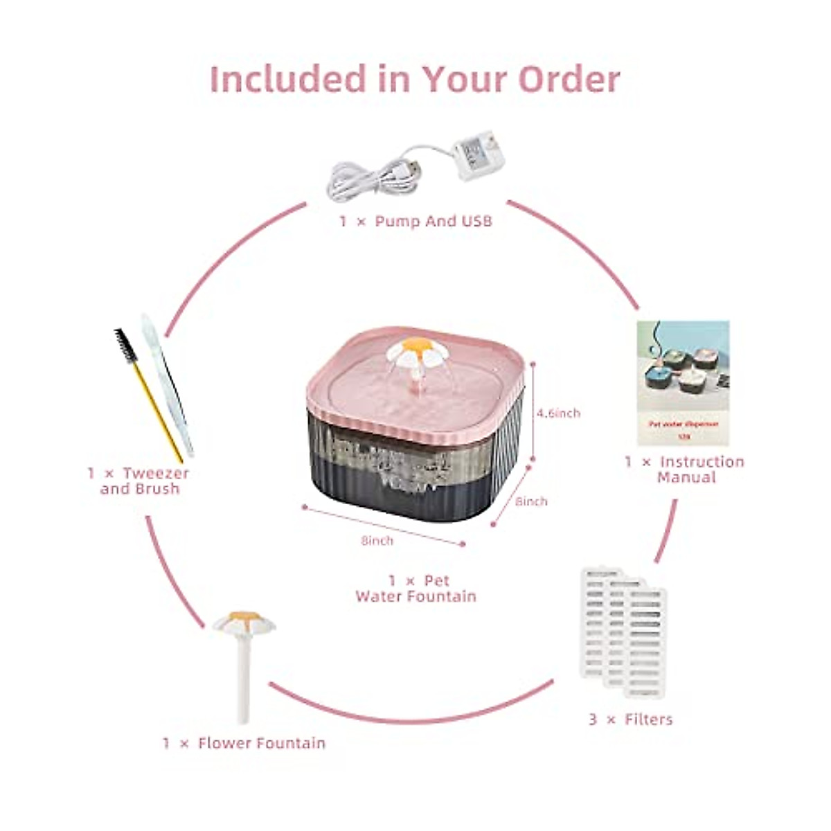 JEERAMIA 85oz/2.5L Cat Water Fountain, Ultra Quiet Pet Water Dispenser with Smart Pump and 3 Replacement Filters, Automatic Flower Fountain for Dog & Cat (Pink)