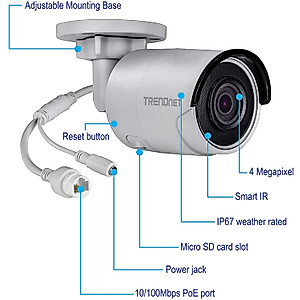 TRENDnet Indoor-Outdoor 4MP H.265 120dB WDR PoE Bullet Network Camera, IP67 Weather Rated Housing, Smart Covert IR Night Vision Up To 30m (98 ft), MicroSD Card Slot (Up to 128GB), White, TV-IP1314PI
