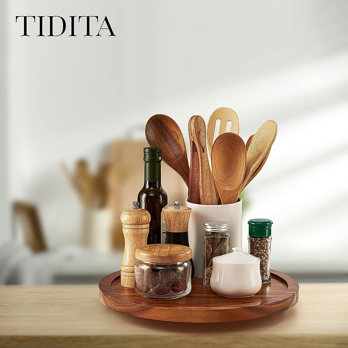 TIDITA 10" Acacia Lazy Susan Organizer for Cabinet - Wooden Lazy Susan Turntable for Table - Wood Kitchen Turntable Storage Food Bin Container for Pantry, Fridge, Countertop