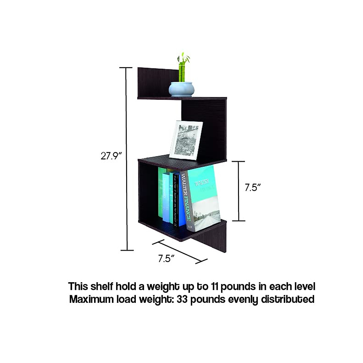 CAPELLI Hanging Square Corner Wall Shelf Elegant Shelf with Three Levels - 3 Levels Zig Zag Floating Wall Mount - Strong Wooden Corner Shelf Storage Organizer (Expresso)