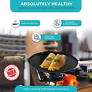 KASHVIYA Pre-Seasoned Iron Flat Dosa/Omelette/Roti/Chapati Tawa with Wooden Handle, Medium 10.5 Inch/27 Cm Gas&Induction Compatible | 100% Pure & Toxin-Free Iron, No Chemical Coating