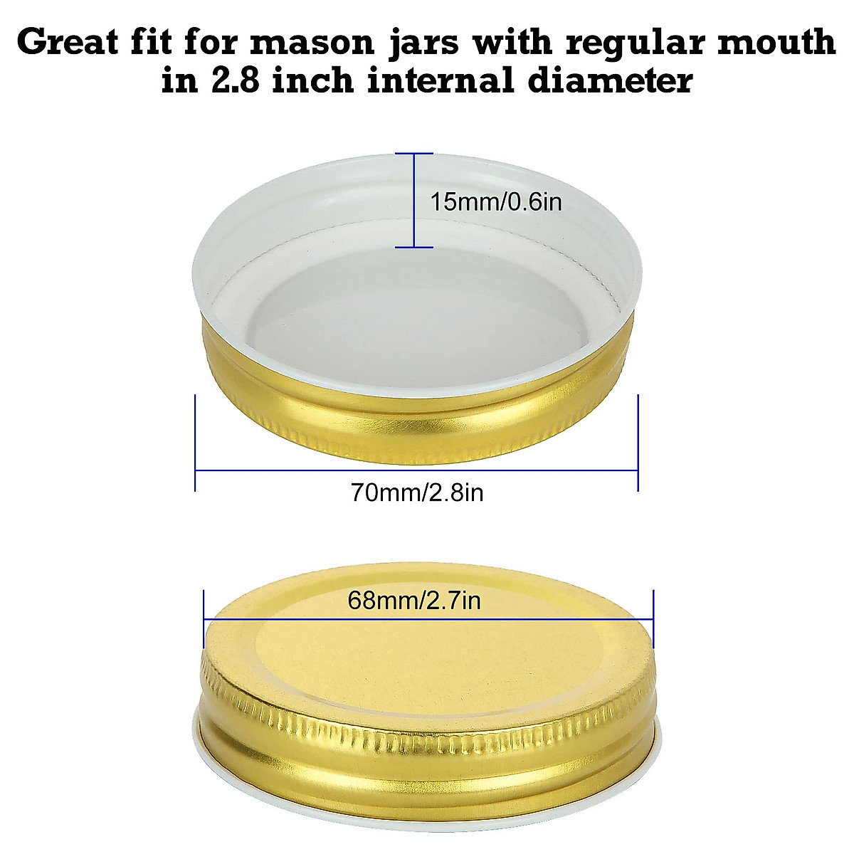 ZOEYES 50 pcs Regular Mouth Mason Canning Jar Lids, Reusable Metal Lids for Mason Jar, Leak Proof Secure Mason Storage Covers Caps (Gold)