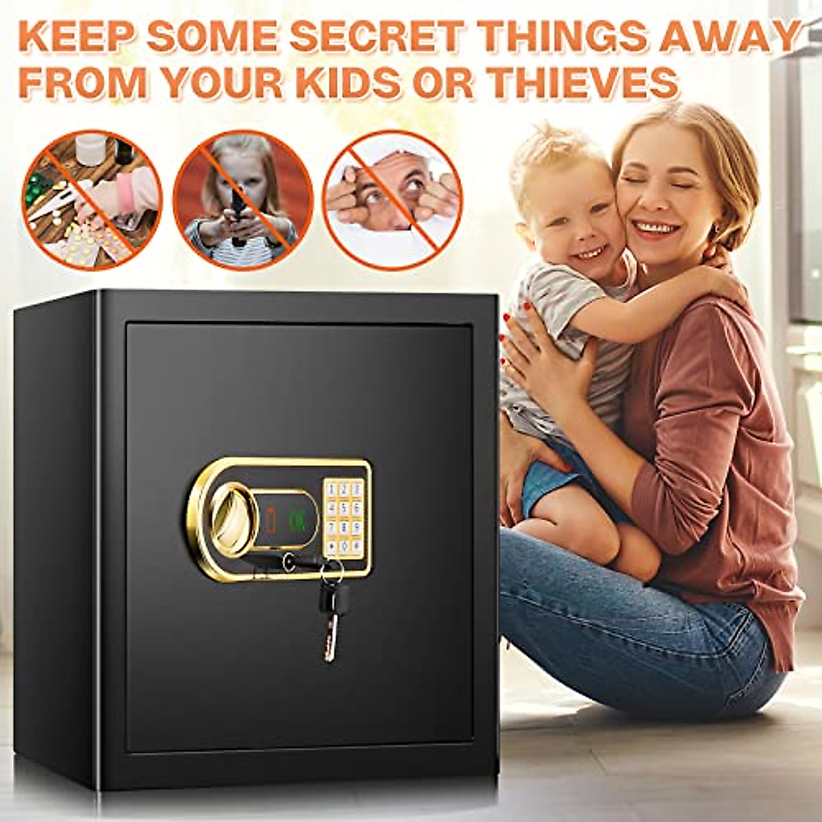 2.3 Cubic Fireproof Safe with Digital Keypad Key, Anti-Theft Safes Fireproof Waterproof with Fireproof Document Bag, Security Home Safe Box for Pistol Money Medicine Important Documents