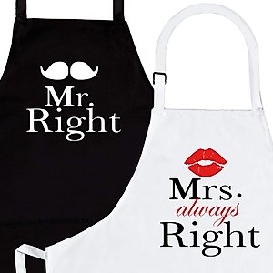 Nomsum Mr. & Mrs. Right 2-piece 1-size Matching Kitchen Apron for His and Hers, Unique Gift Ideas for Couples, Kitchen Aprons Gift Set for Weddings, Anniversaries, Engagements, and Housewarmings