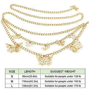 Glamorstar Chain Belts Multilayer Waist Chain Adjustable Waist Belt for Women Girls Butterfly Gold 130cm/51.2IN