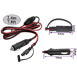 AAOTOKK Cigarette Lighter SAE Cable,16AWG 12V Cigarette Lighter Male Plug to SAE 2 Pin Quick Release Disconnect Connector Plug Adapter Extension Charging Cable with Fuse and Switch(2.4m/7.8ft-M)