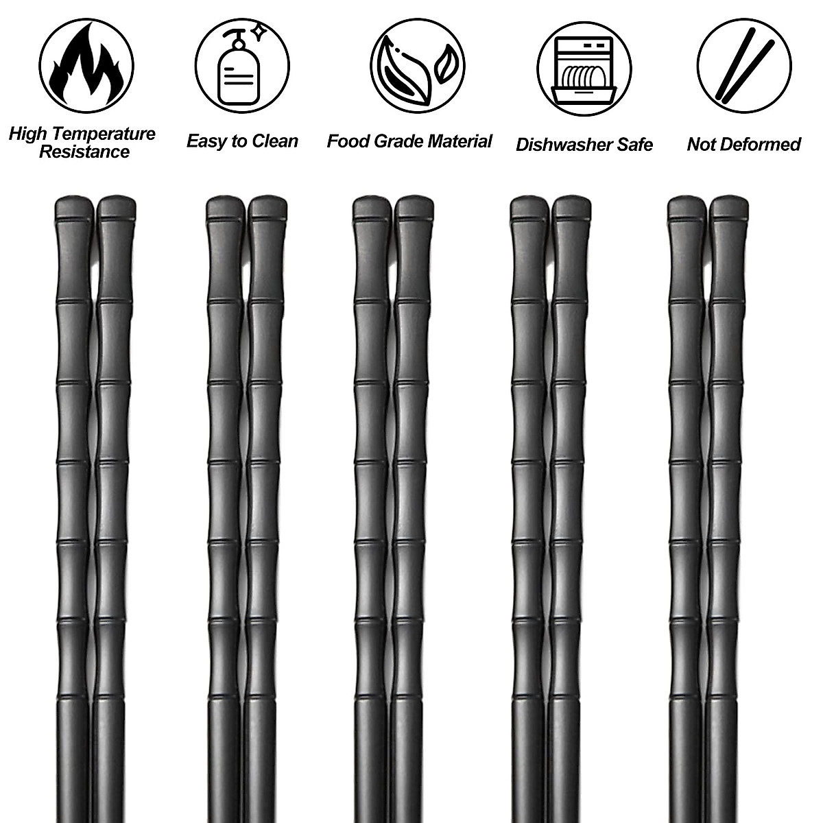 10 Pairs Fiberglass Chopsticks, Slivek Reusable Premium Japanese Chinese Korean Chopsticks Dishwasher Safe, Non-slip, Lightweight, 9.5 inches - Black