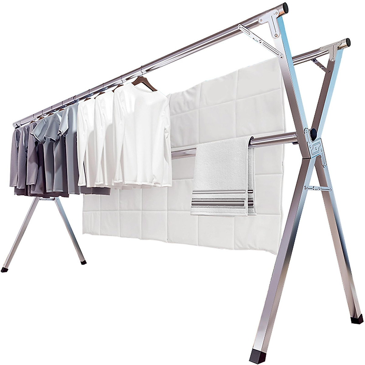 JAUREE 63 Inches Clothes Drying Rack, Stainless Steel Garment Rack Adjustable and Foldable Space Saving Laundry Drying Rack for Indoor Outdoor with 20 Windproof Hooks
