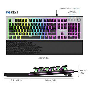 PHILIPS Wired Gaming Keyboard with Palm Rest | LED RGB Mechanical Keyboard w/Custom Cyan Crystal Switches, 38-Key Aliasing, Multimedia Control Dials | 20 Light FX, Custom Light Maps (SPK8624)