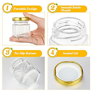 Nuogo 100 Set 1.5 oz Mini Hexagon Glass Honey Jars Small Honey Jars with Bee Pendants, Twine, Golden Gift Bags, Honey Jars with Gold Lids Glasses Canning Jars for Baby Shower, Wedding Favors